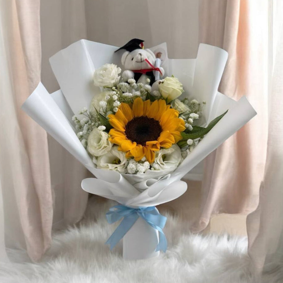 [GRAD] Sunflower Eustoma Bouquet with Grad Bear – Fu Bloom Flowers