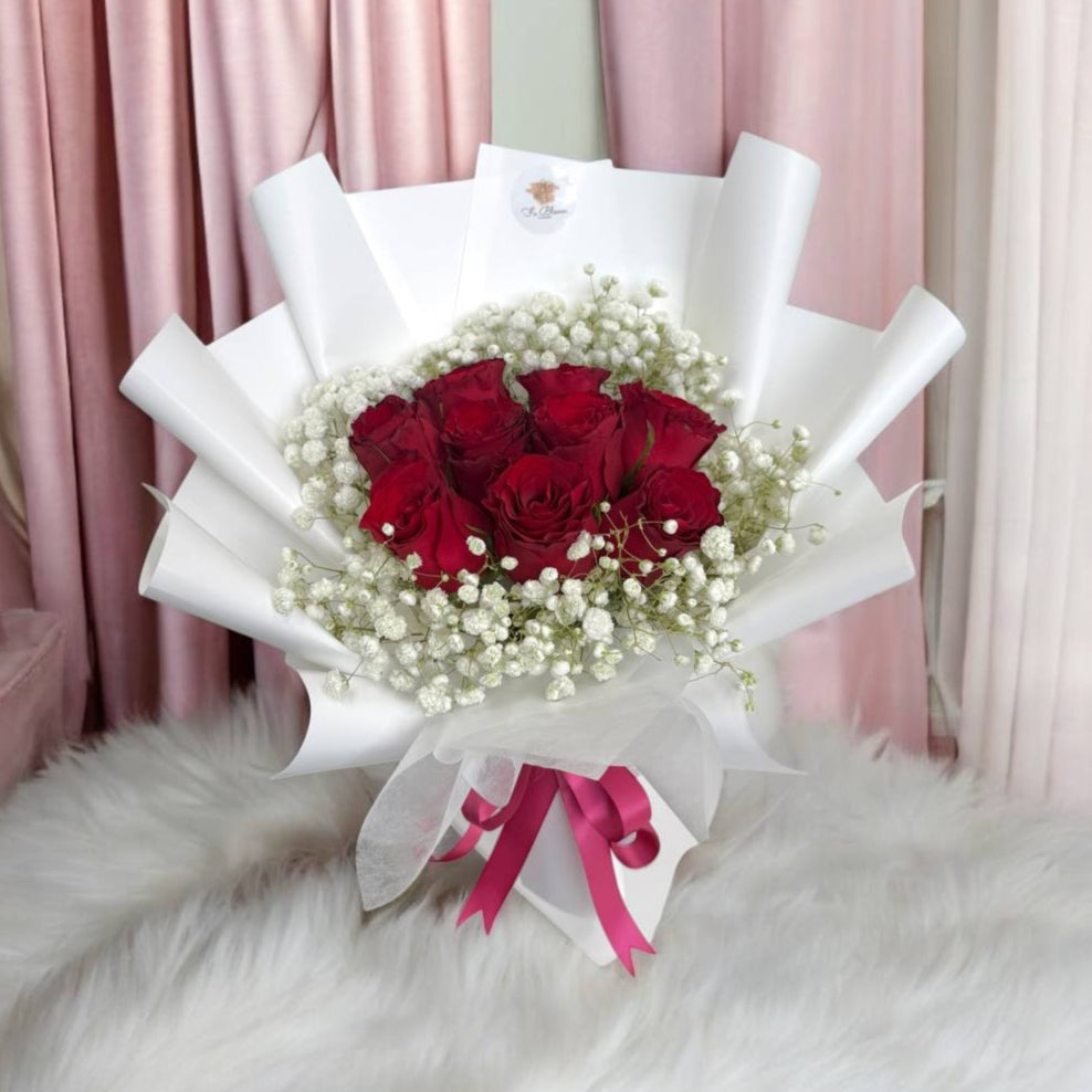 9 Fresh Red Roses & Baby's Breath Bouquet – Fu Bloom Flowers