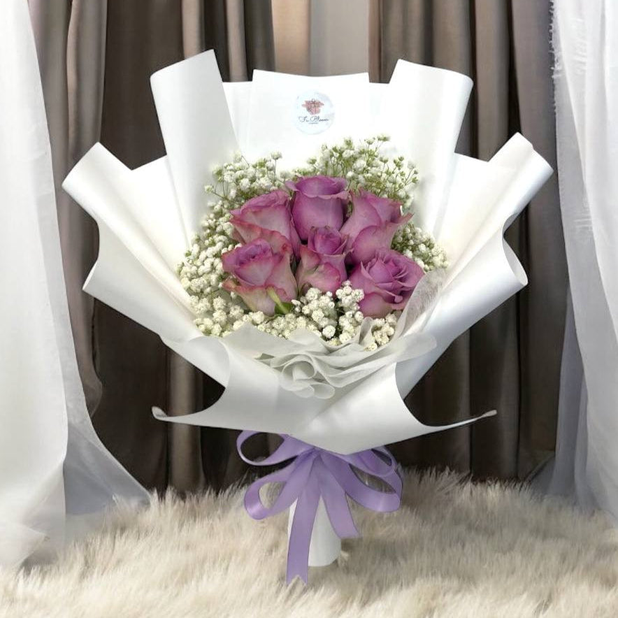 6 Fresh Purple Roses & Baby's Breath Bouquet – Fu Bloom Flowers